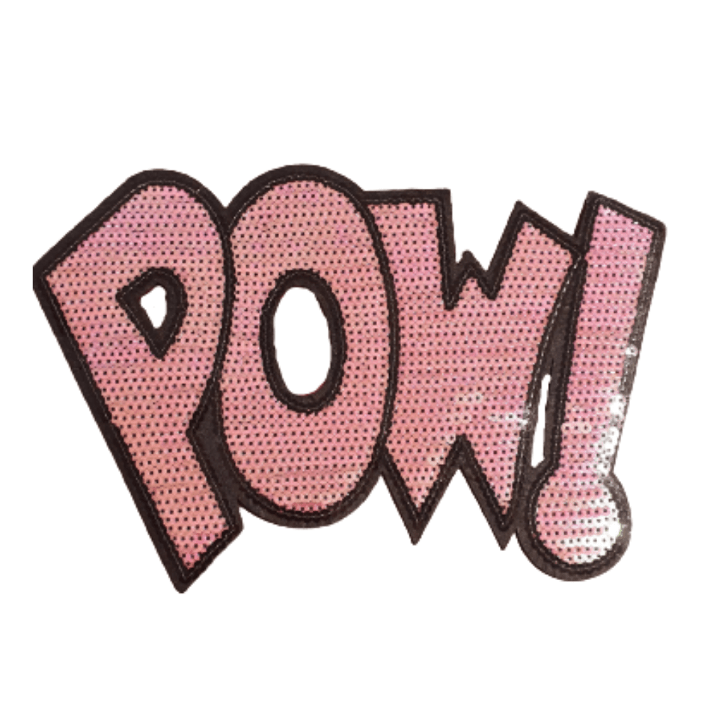 Strygemærke POW pink palietter 17x24 cm